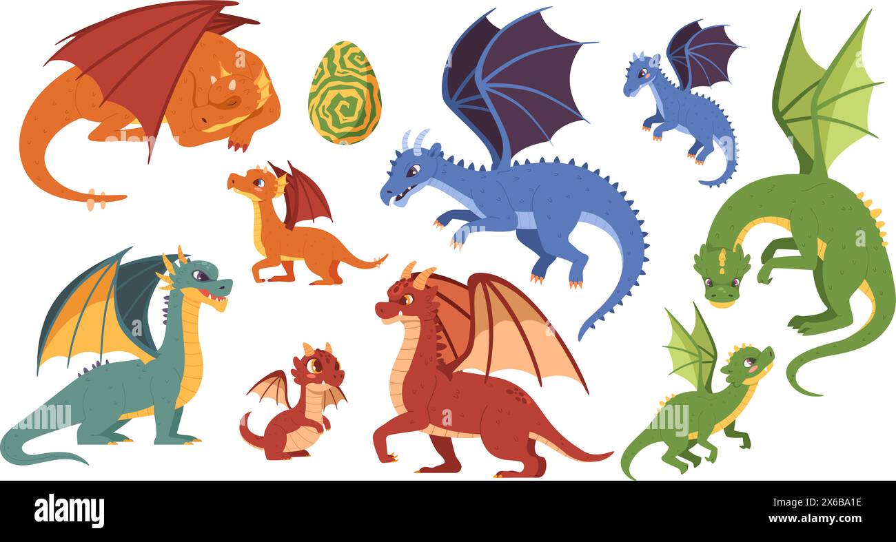 Adult and young magic dragons. Magical creature egg, dragon family and ...