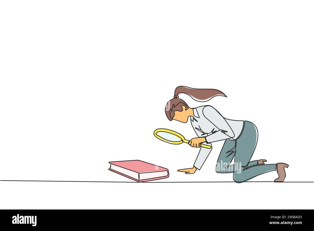 Single continuous line drawing of businesswoman holding magnifying ...