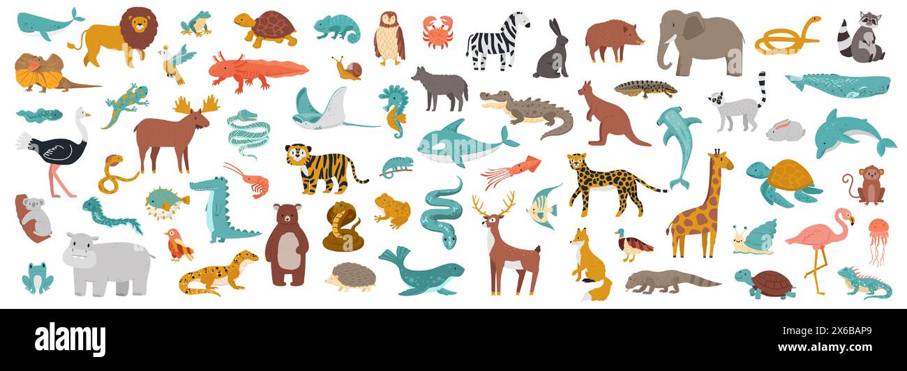 Big set of animals. Domestic and wild fauna. Cute characters as ...