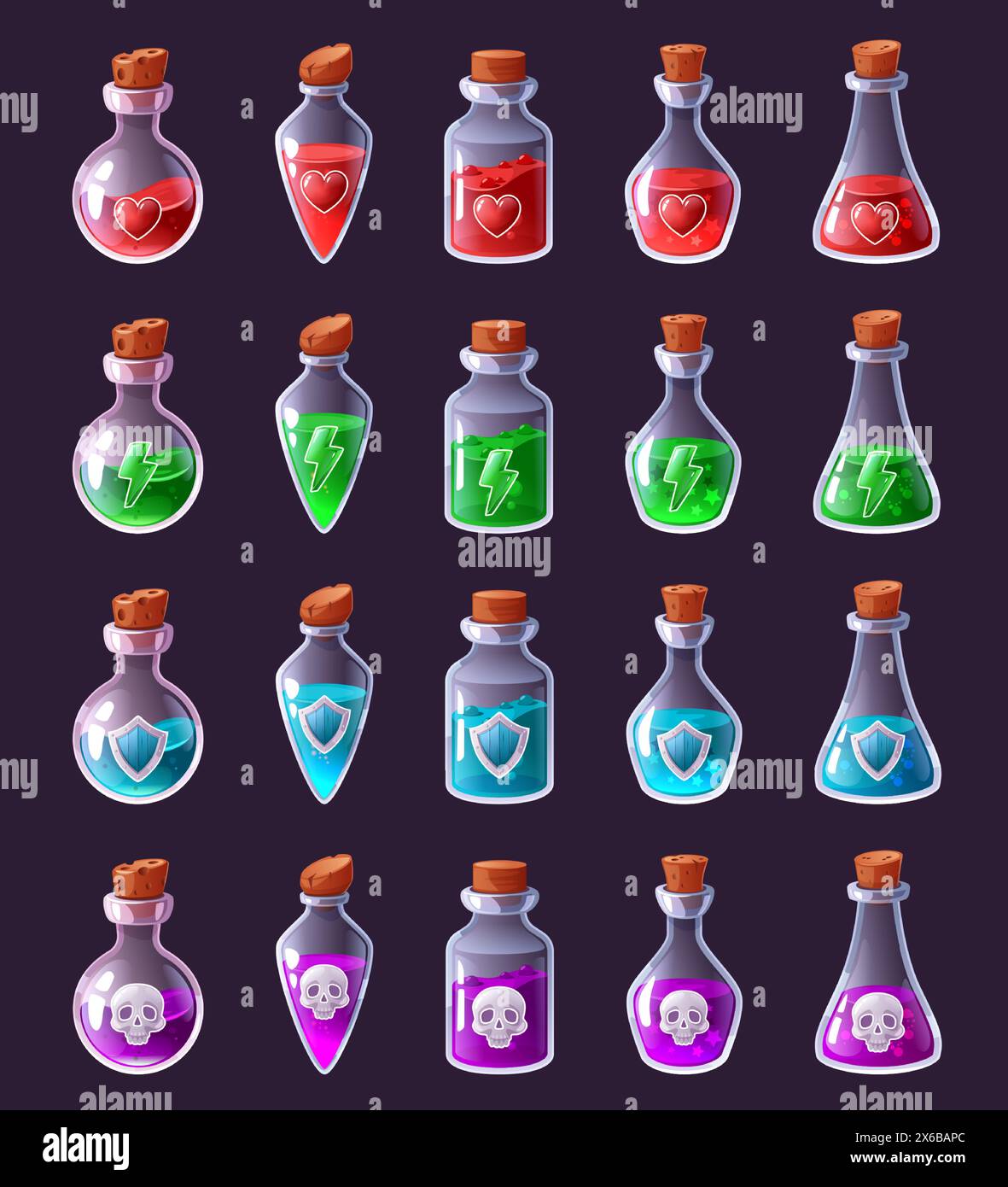 Cartoon potion bottles. Magical elixir vials with life heart, power ...