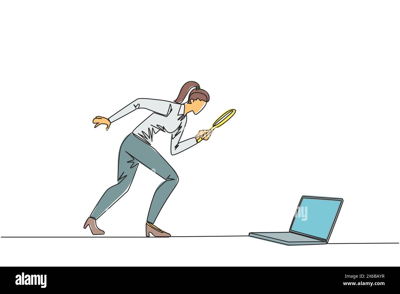 Single continuous line drawing businesswoman holding magnifying glass ...