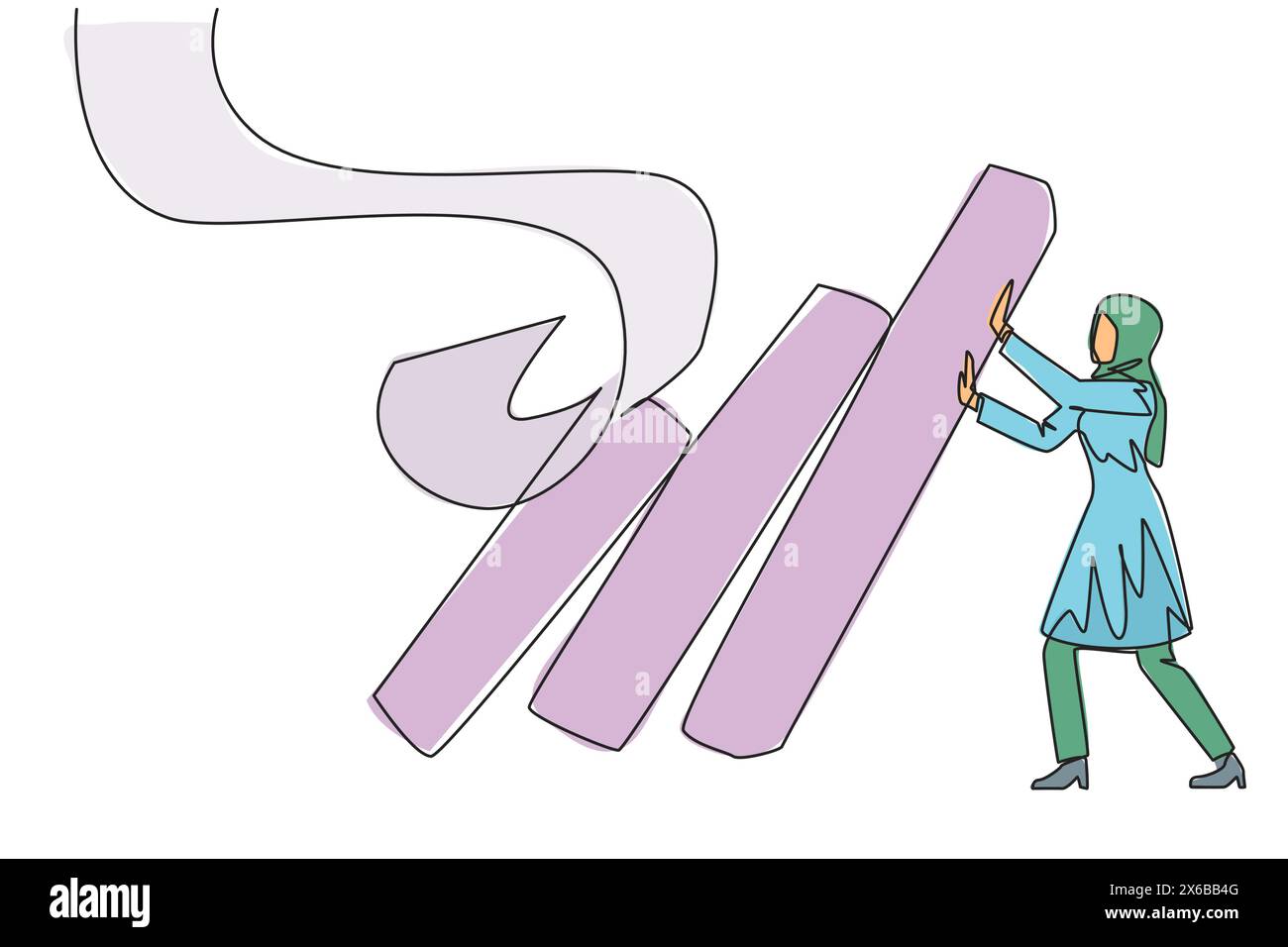 Single continuous line drawing Arab businesswoman holds back pile of ...