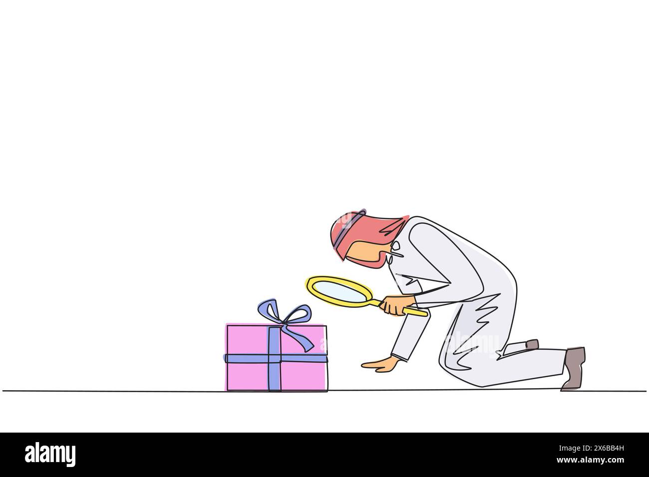 Continuous one line drawing Arabian businessman holding magnifying ...