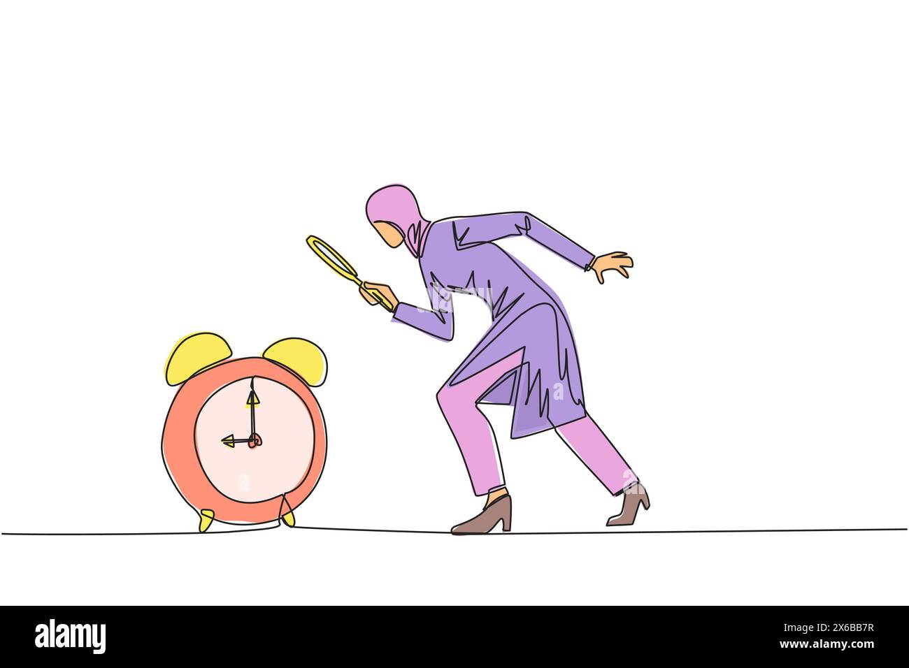 Single continuous line drawing Arabian businesswoman holding magnifying ...