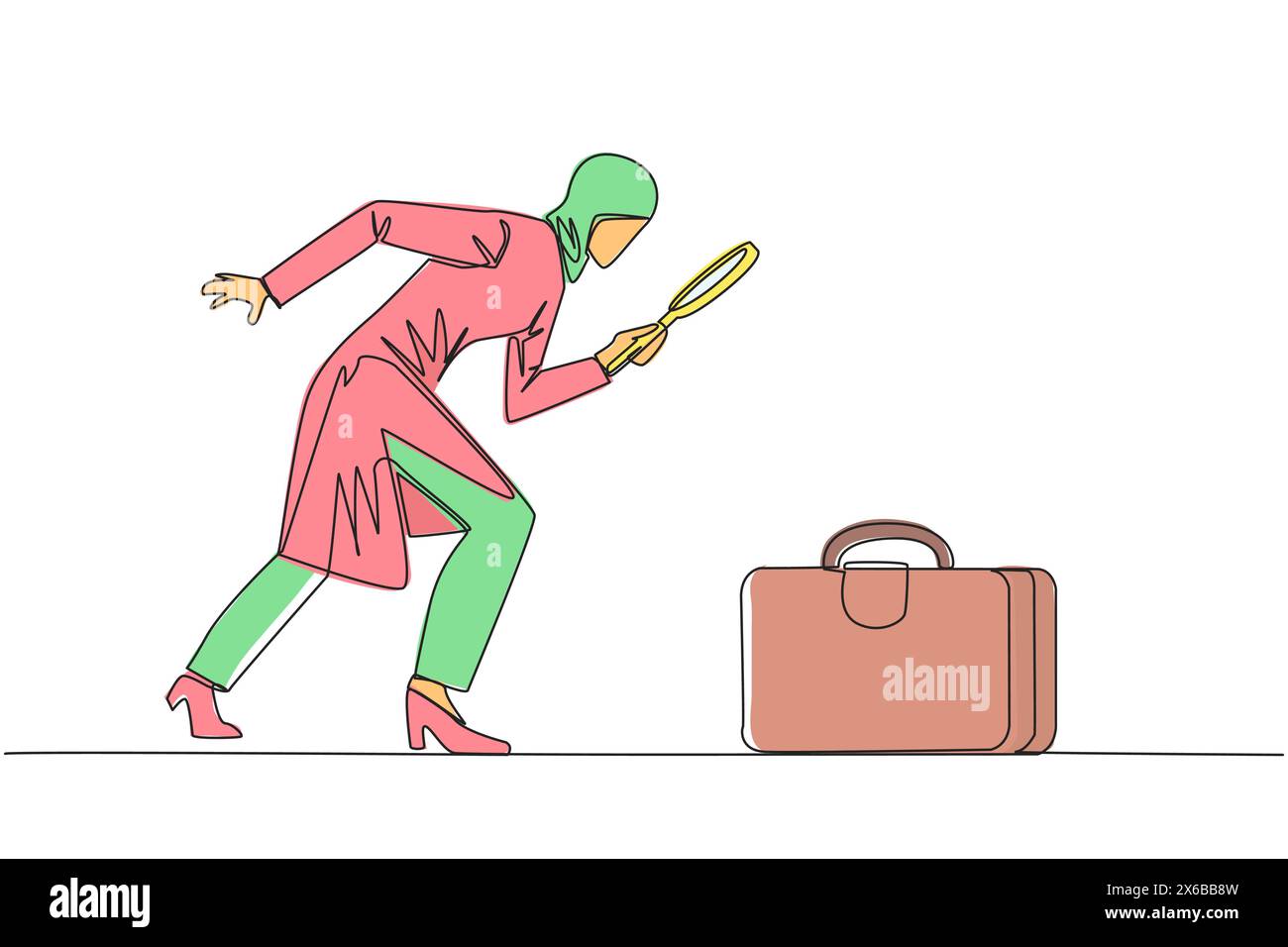 Single one line drawing of Arabian businesswoman holding magnifying ...