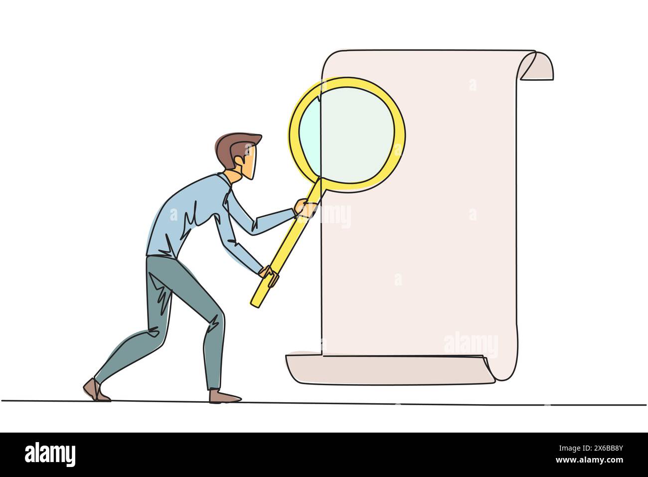 Single continuous line drawing businessman stood holding a magnifier ...