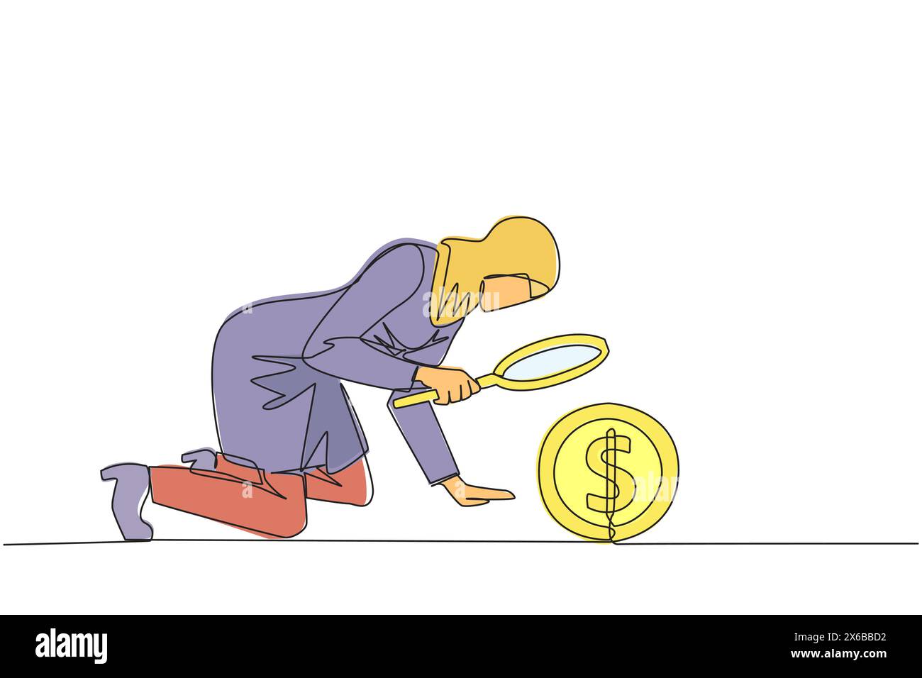 Single continuous line drawing Arabian businesswoman holding magnifying ...