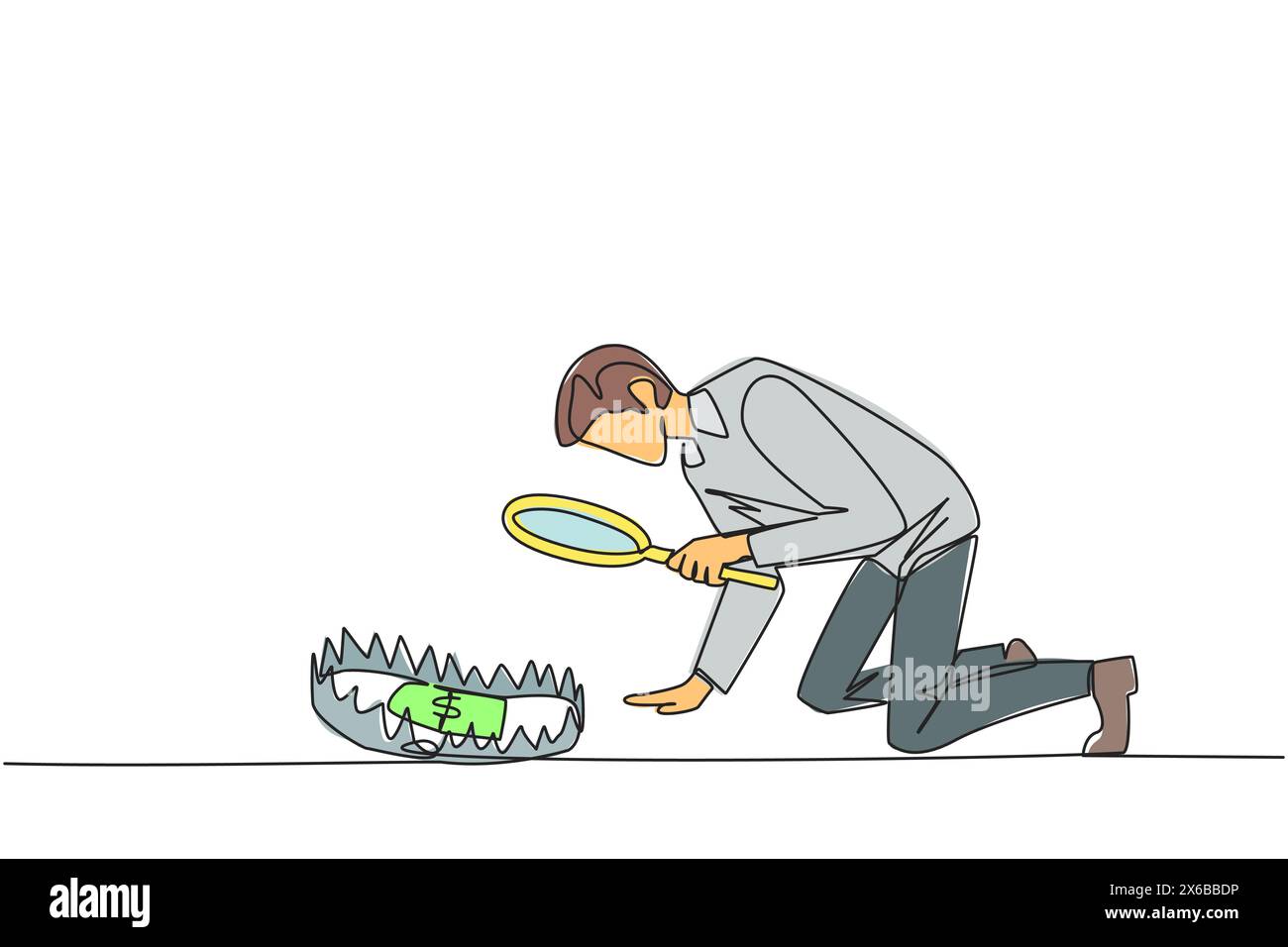 Single continuous line drawing businessman looked down to examine the ...