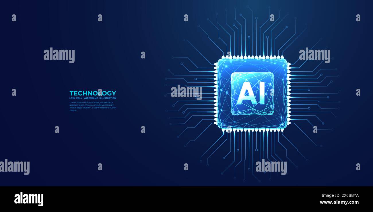 Ai chip top view on technology blue background. Light blue microchip ...