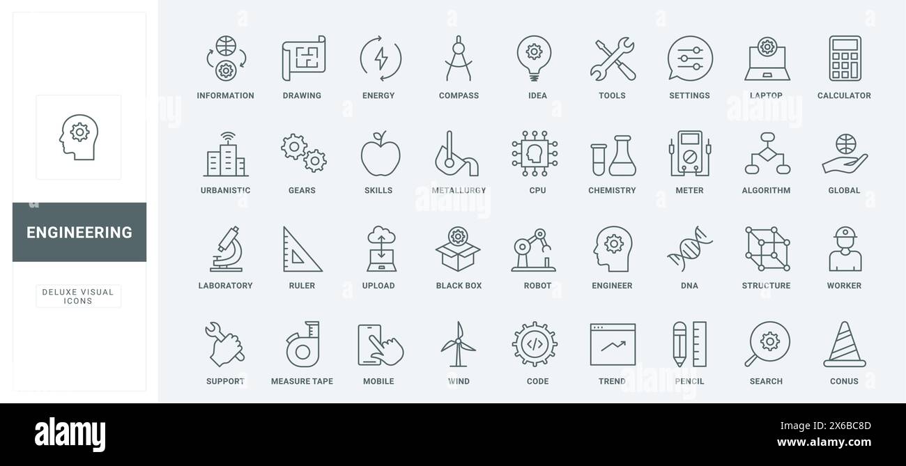 Engineering thin black and red line icons set vector illustration. Outline symbols of engineers ...