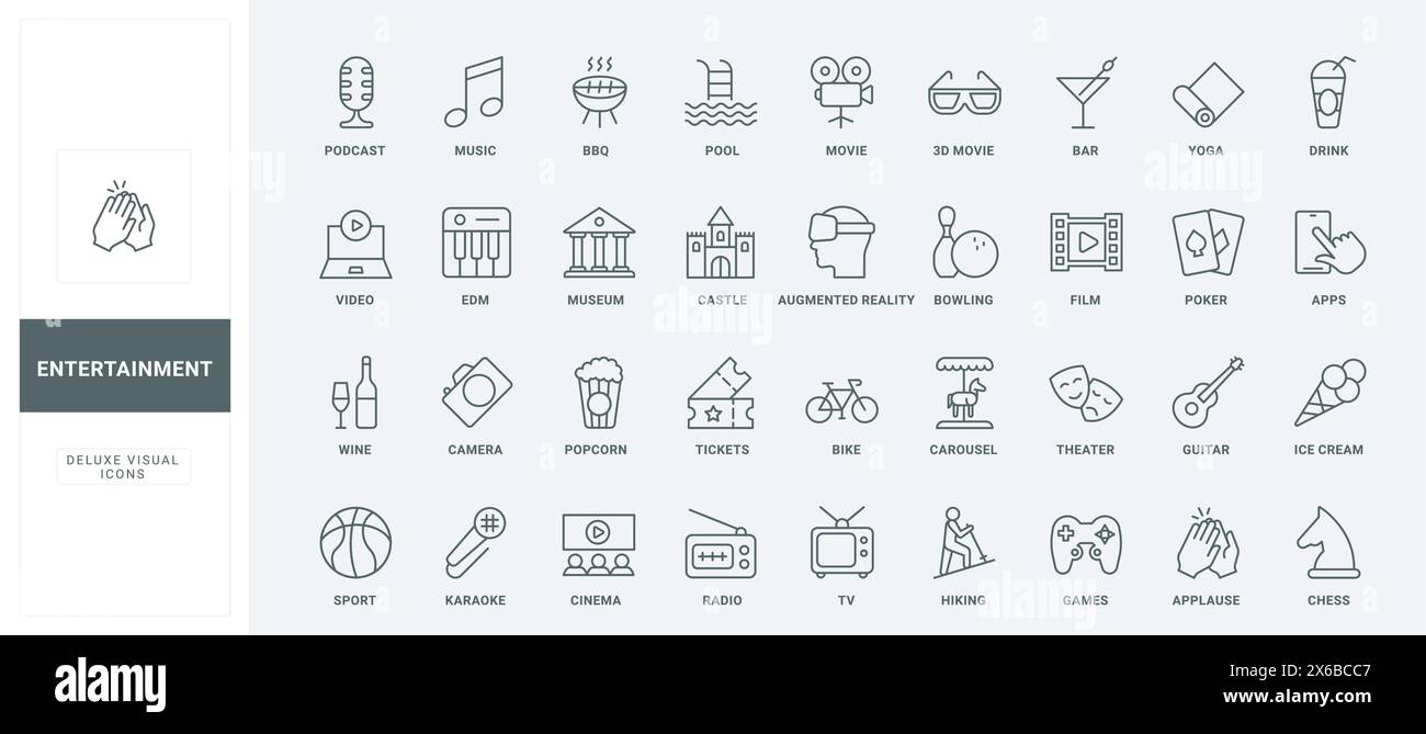 Entertainment and leisure thin black and red line icons set vector ...