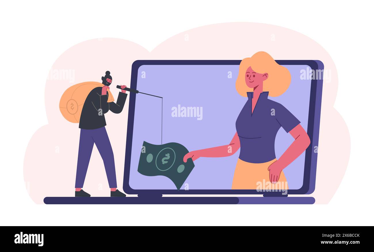 Cyber Criminals Man In Mask With Sack Stealing Money From Woman Internet Scam Phishing Hacker