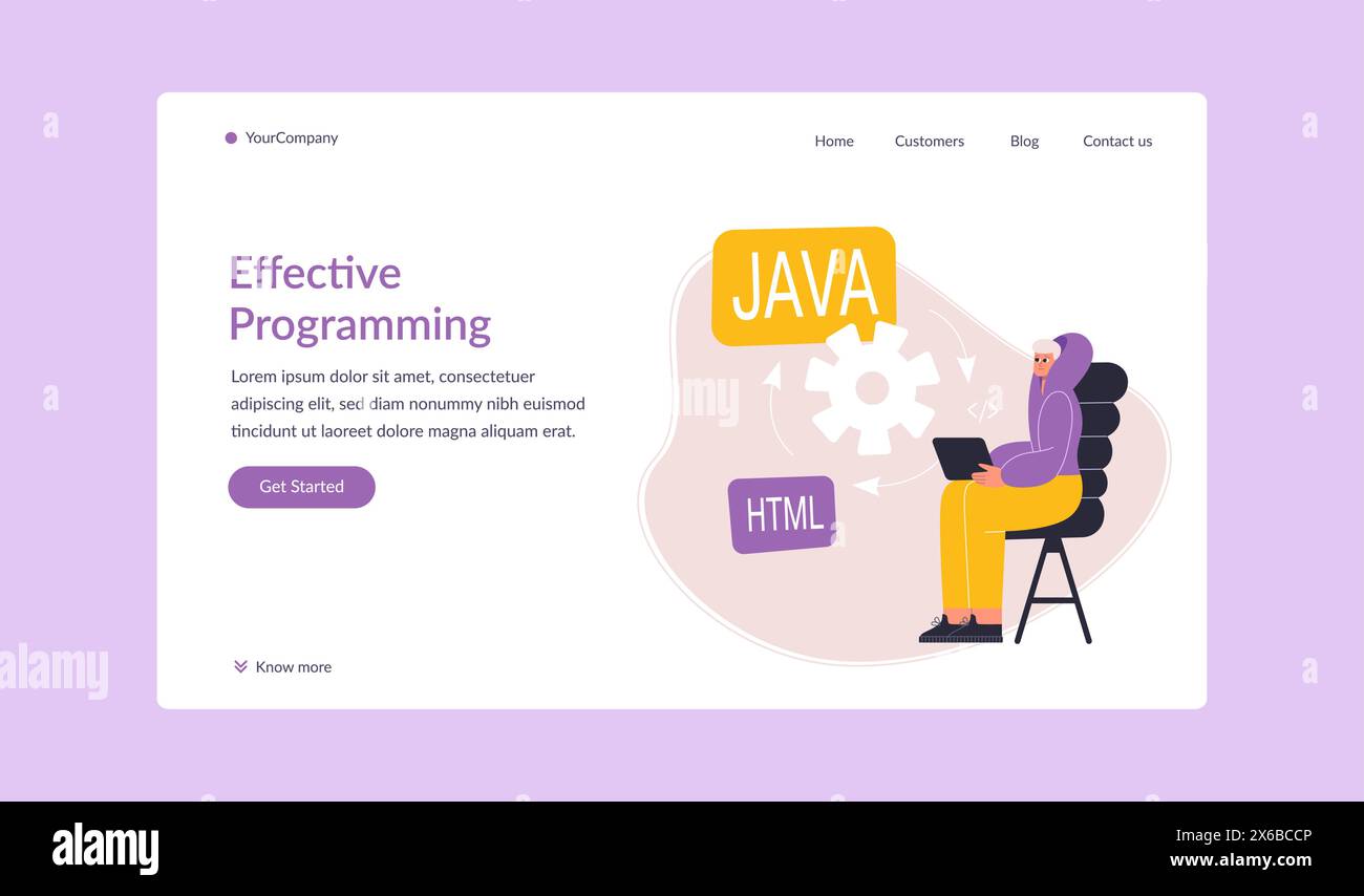 Effective programming landing page. Cartoon flat man developer working on laptop. Software ...