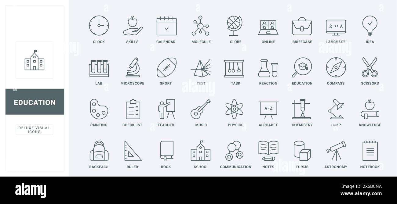 Education line icons set. Book and lab tests for study, school building ...