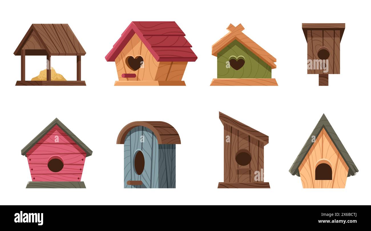 Cartoon wooden bird houses. Rustic avian homes with various designs ...