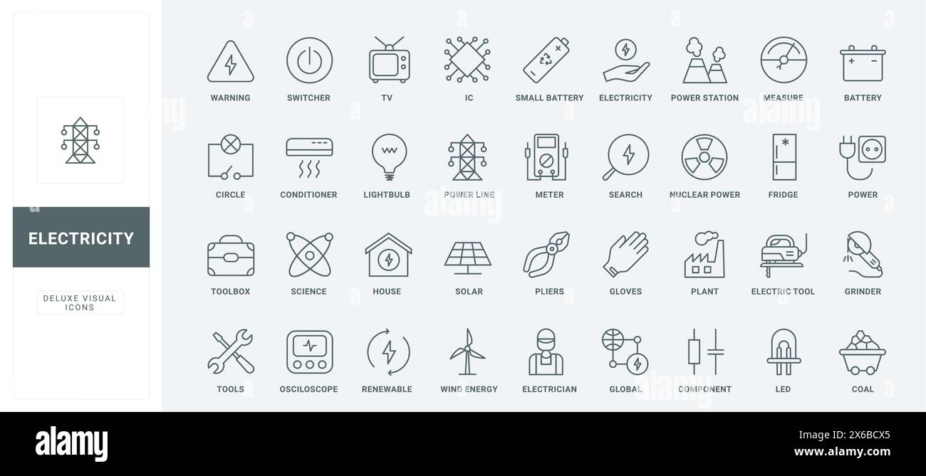 Electric energy and supply thin black and red line icons set vector ...