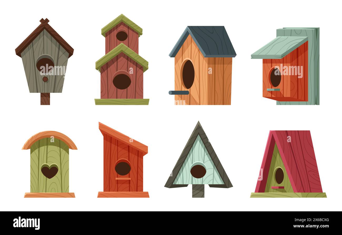 Cartoon wooden bird houses. Colorful isolated forest or garden bird ...