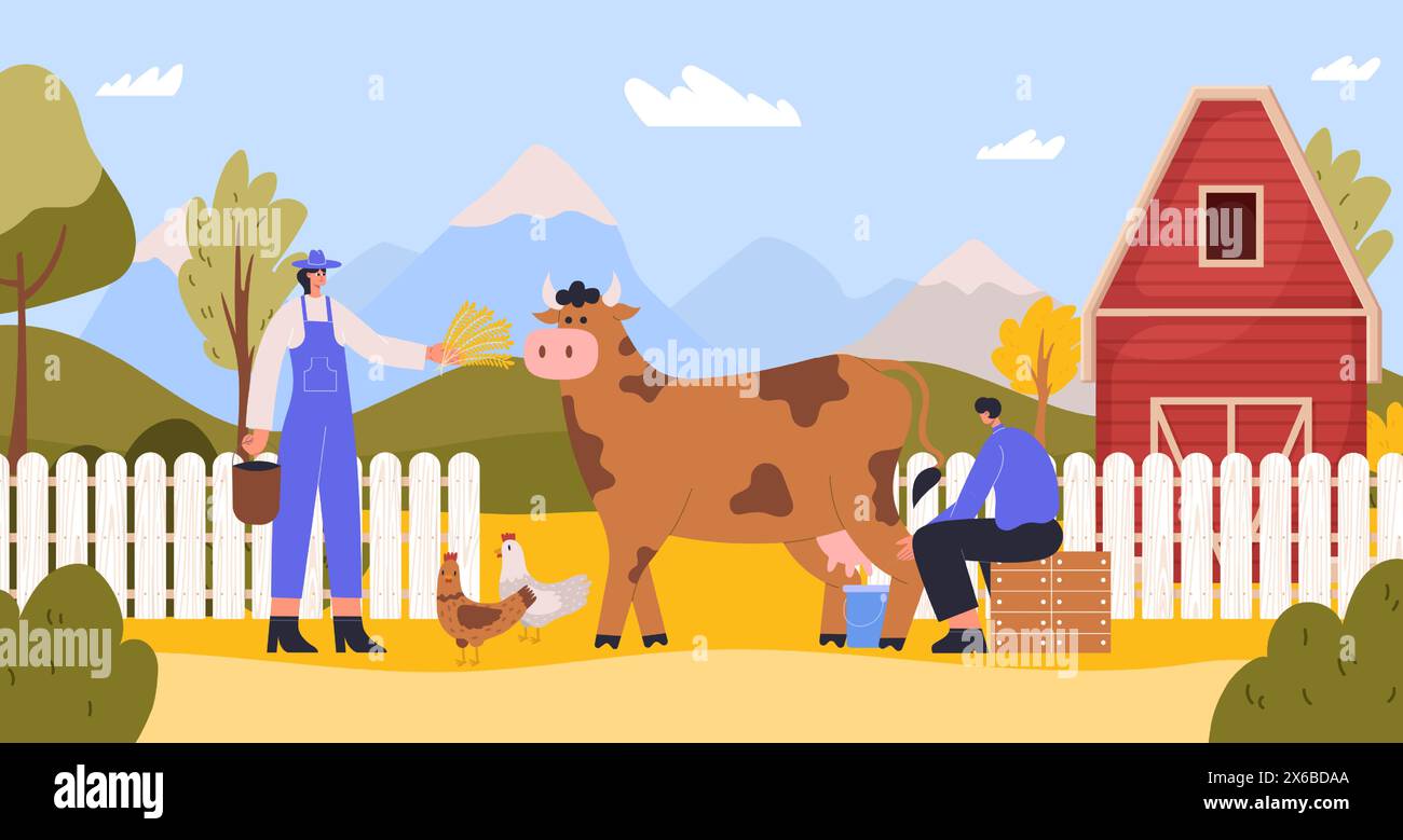 Farmer characters at farm agriculture. Man sitting and milking cow into ...