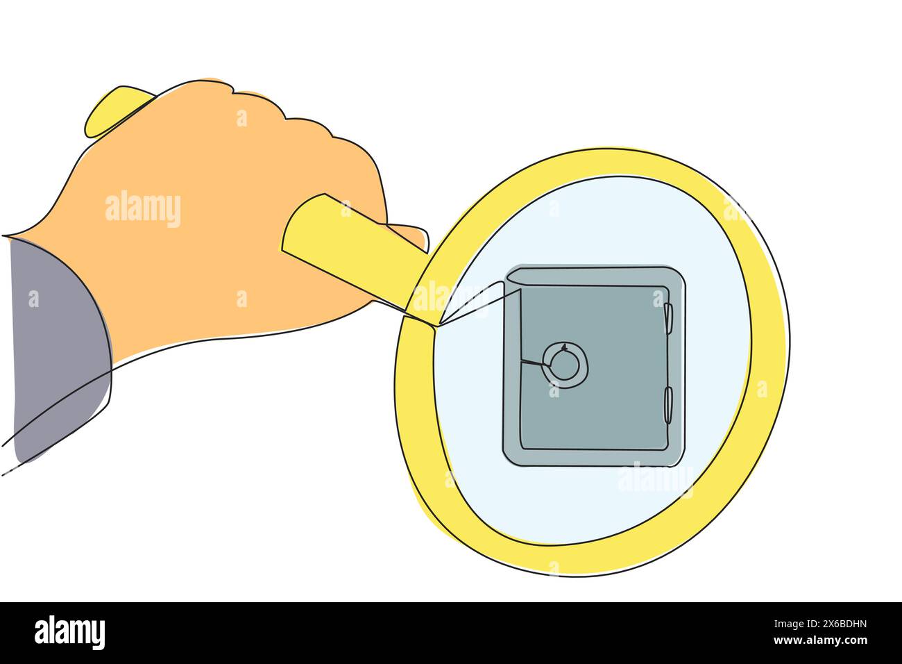 Single one line drawing big hand holding magnifying glass highlights ...