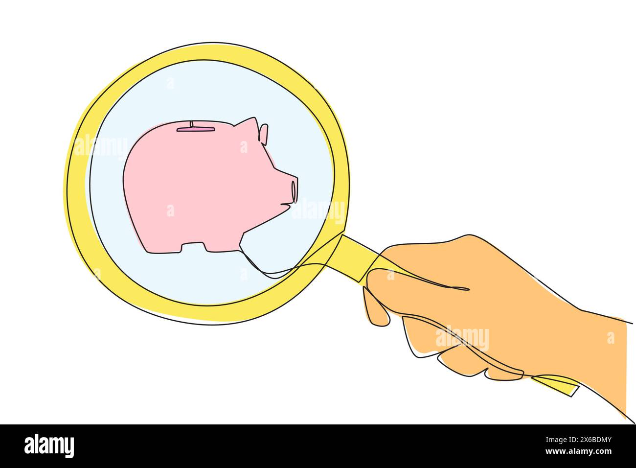 Single continuous line drawing big hand holding magnifying glass ...