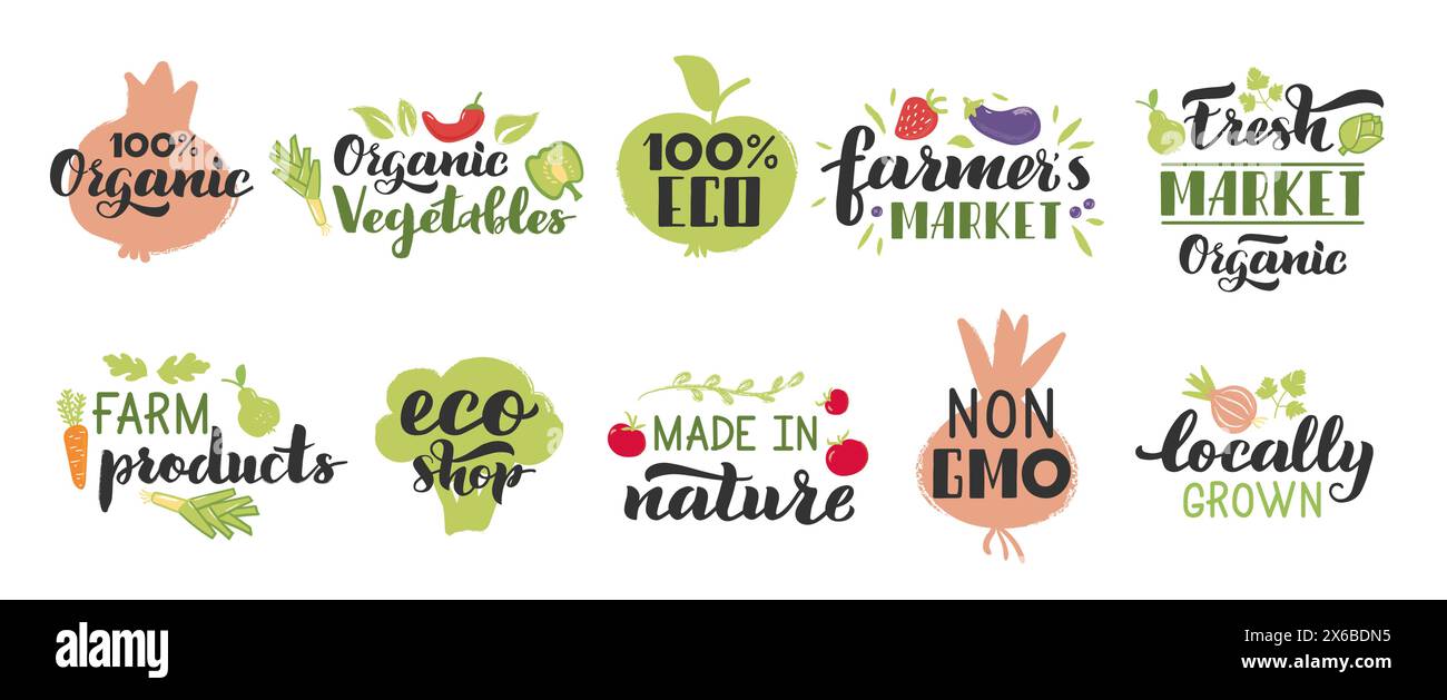 Organic fruits and veggies labels. Vegetarian fruits, vegetables ...