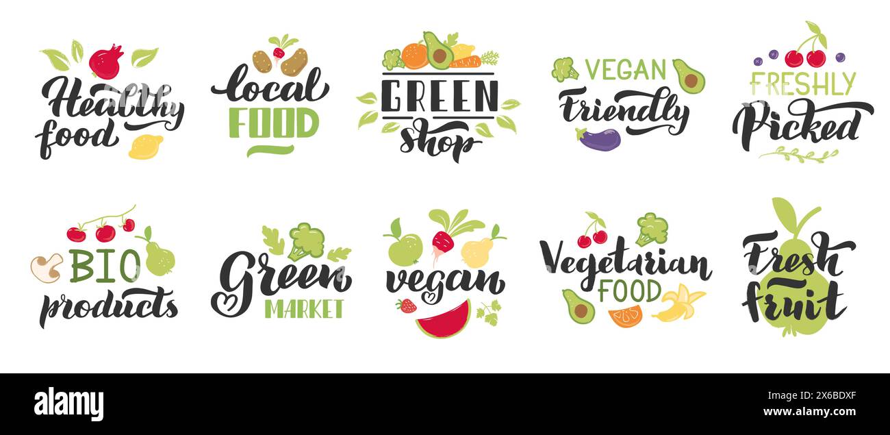 Organic fruits and veggies labels. Healthy local vegetables badges for ...