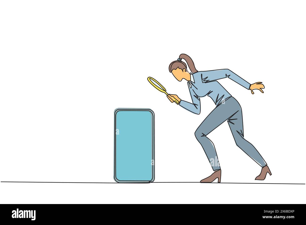 Continuous one line drawing businesswoman holds magnifying glass look ...