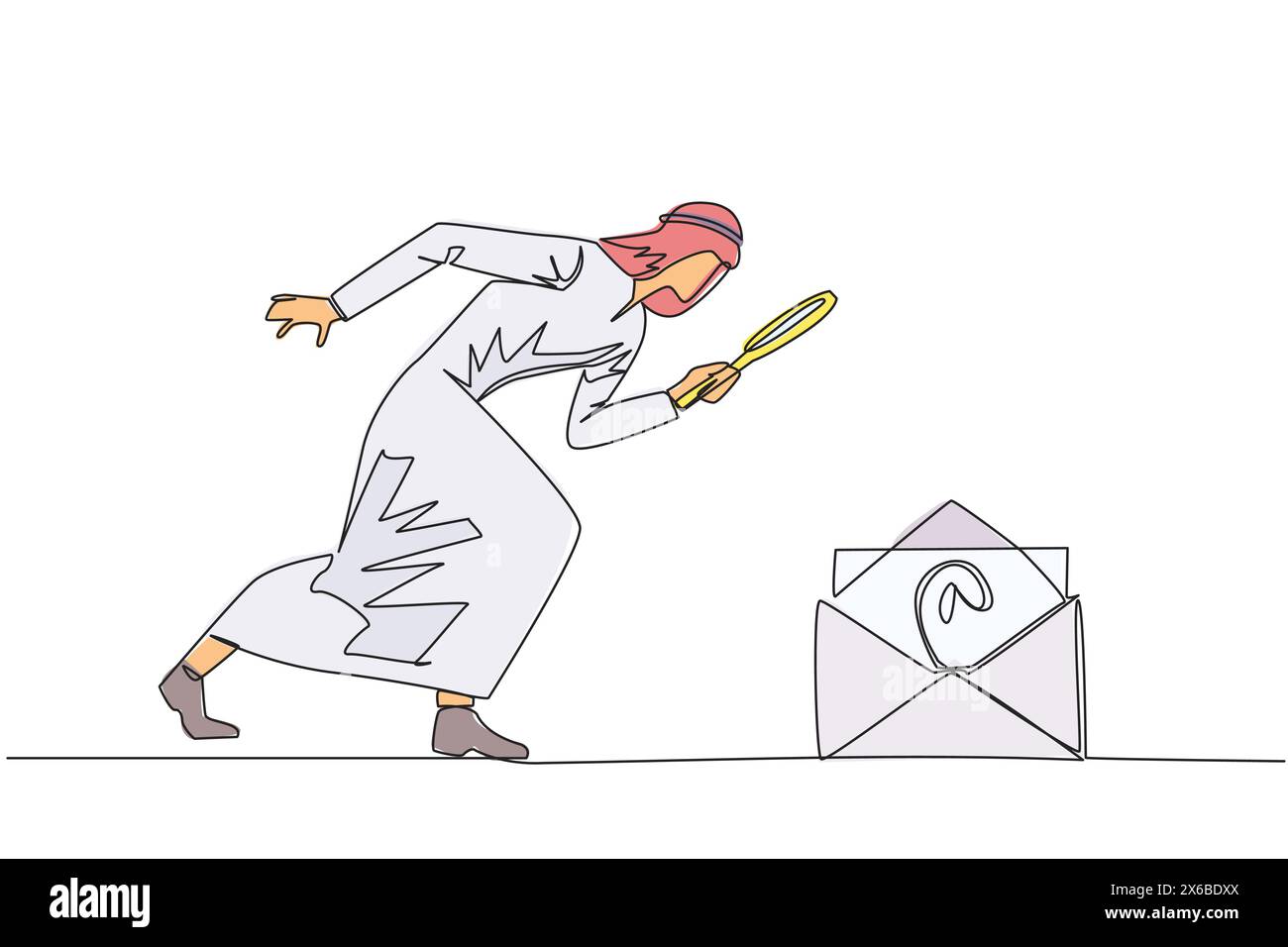 Single one line drawing of Arabian businessman holds magnifying glass ...