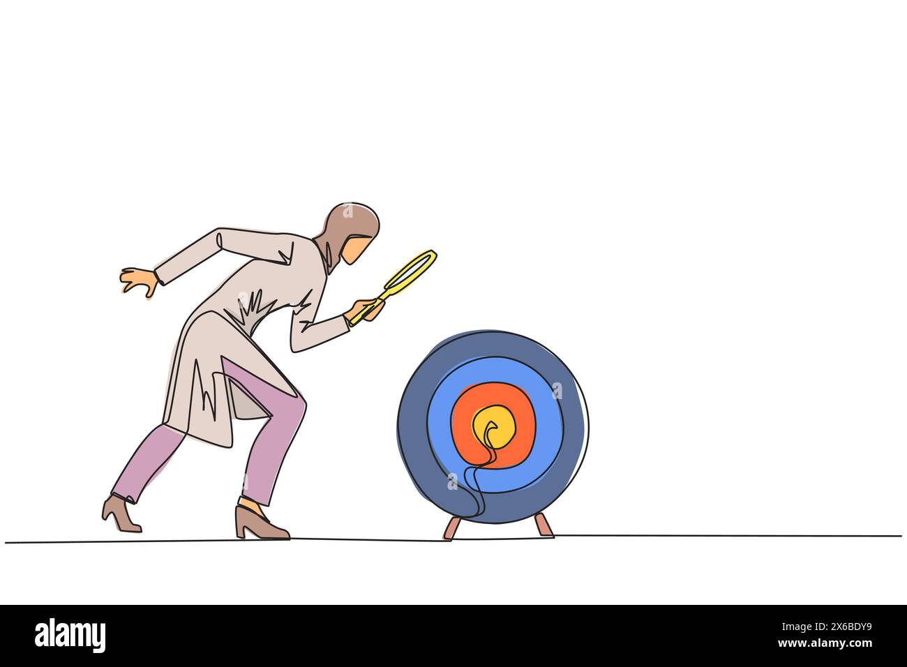 Single one line drawing young Arabian businesswoman holds magnifying ...