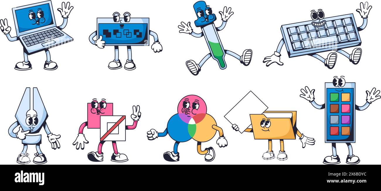 Graphic design mascots. Creative tools for digital artists, laptop ...