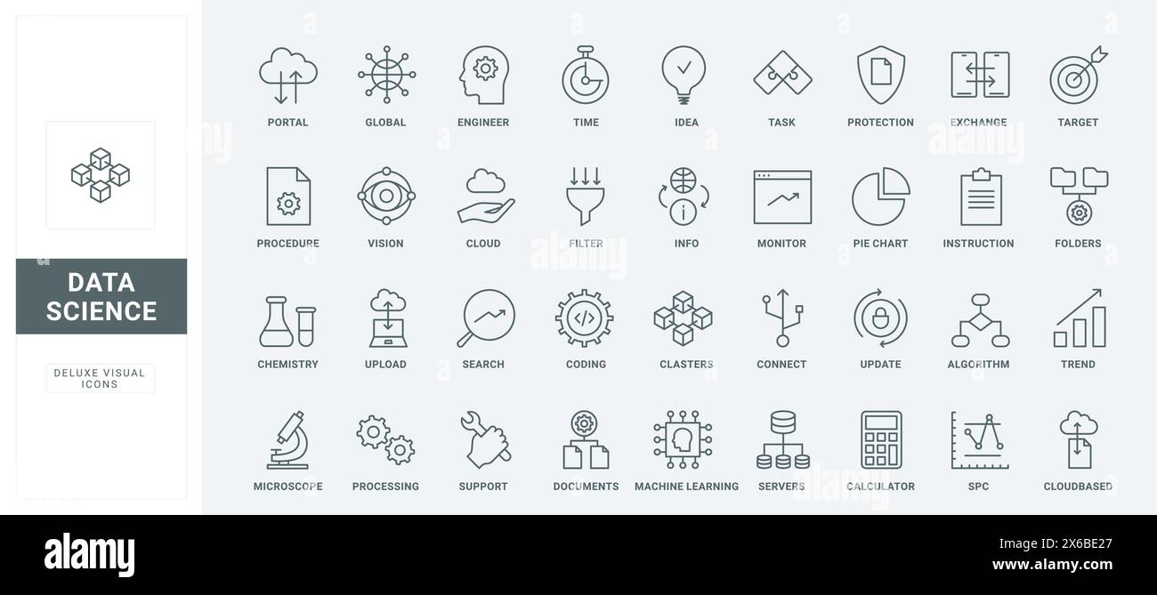 Outline symbols of digital algorithm for AI research, magnifier search ...