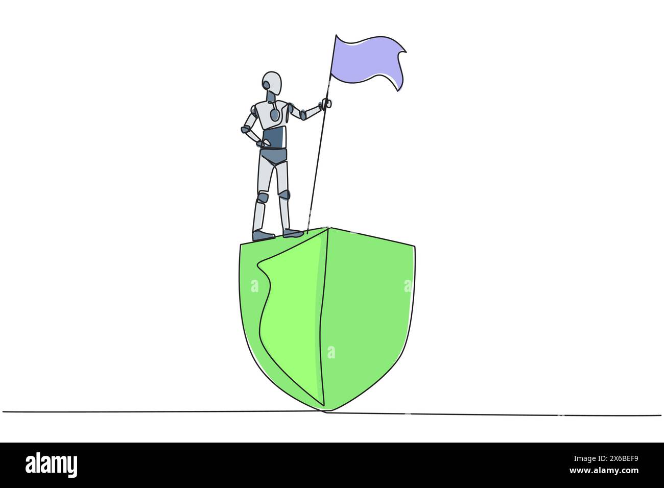 Continuous one line drawing of robotics standing on giant shield ...