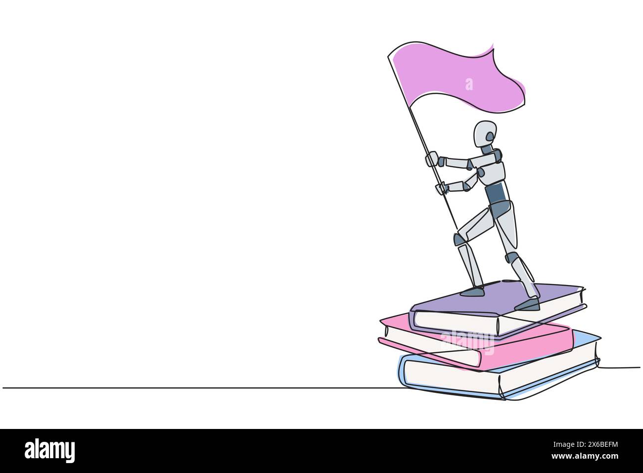 Continuous one line drawing robots standing on stacks of giant books ...