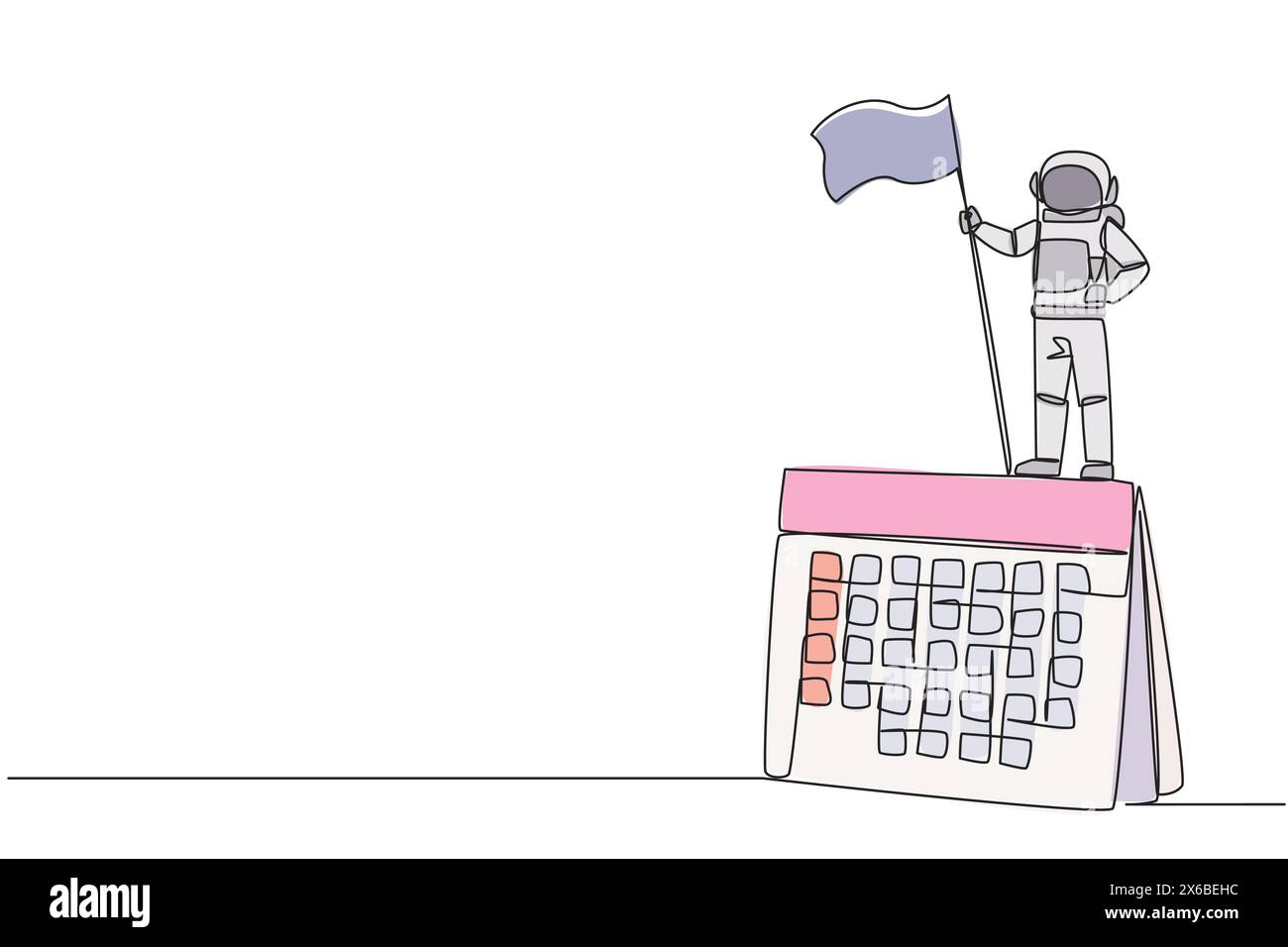 Single one line drawing young energetic astronaut standing on big desk ...