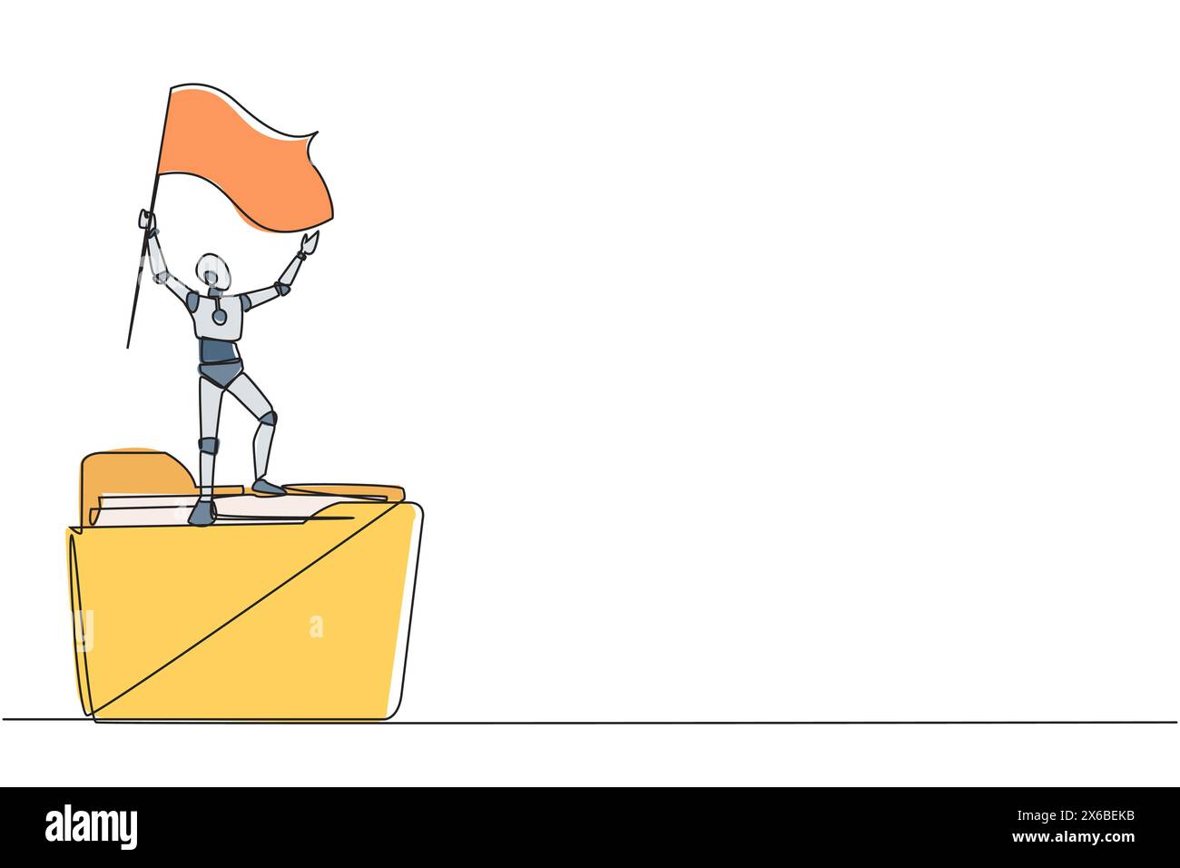 Single continuous line drawing of robots standing on big folder icon ...