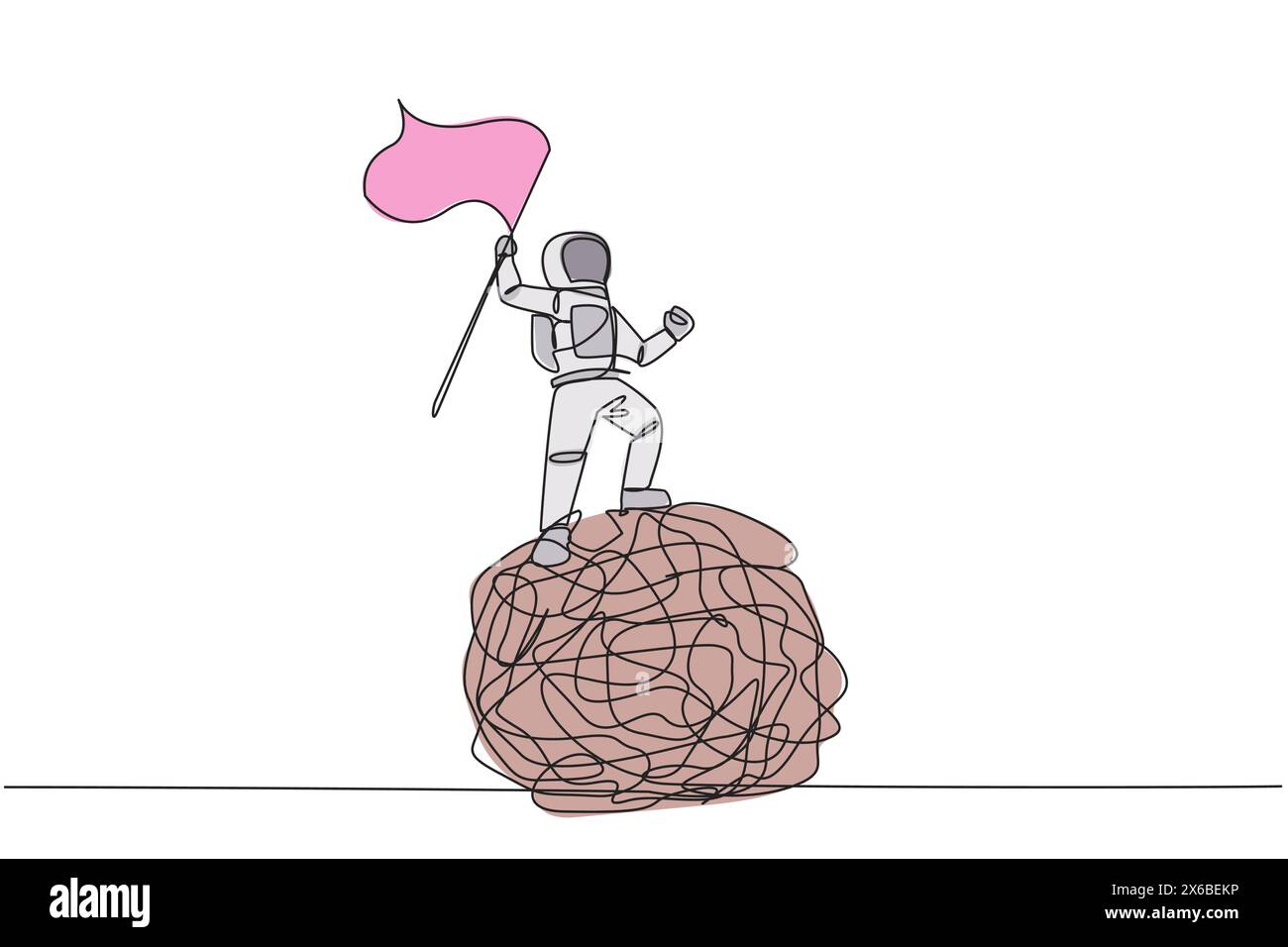 Continuous one line drawing young energetic astronaut standing on giant ...