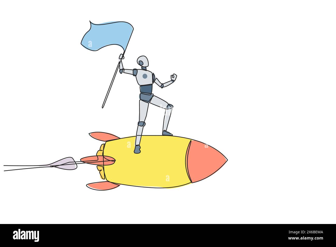 Single continuous line drawing of robot standing on flying rocket ...