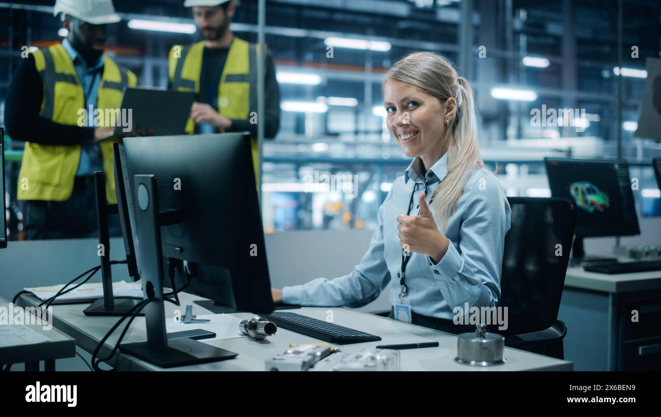 Car Factory Office: Portrait of Female Engineer Working on Desktop ...