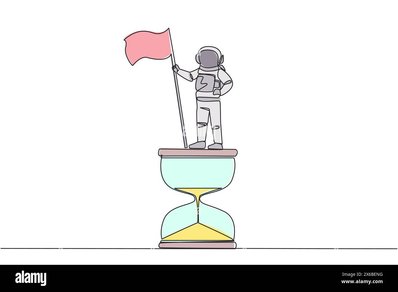 Continuous one line drawing young energetic astronaut standing on giant ...