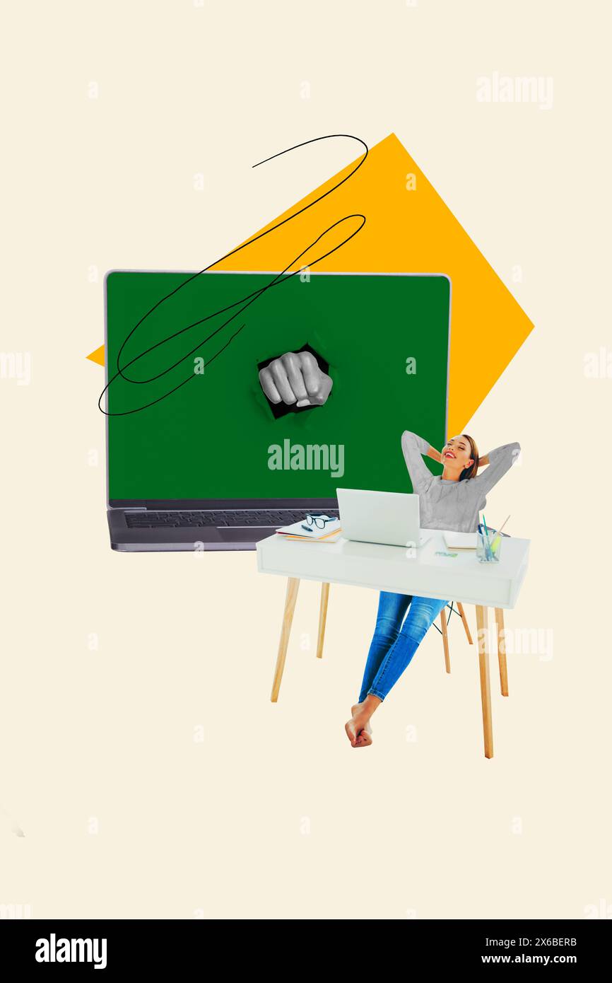 Vertical composite artwork collage image of positive girl huge fist ...