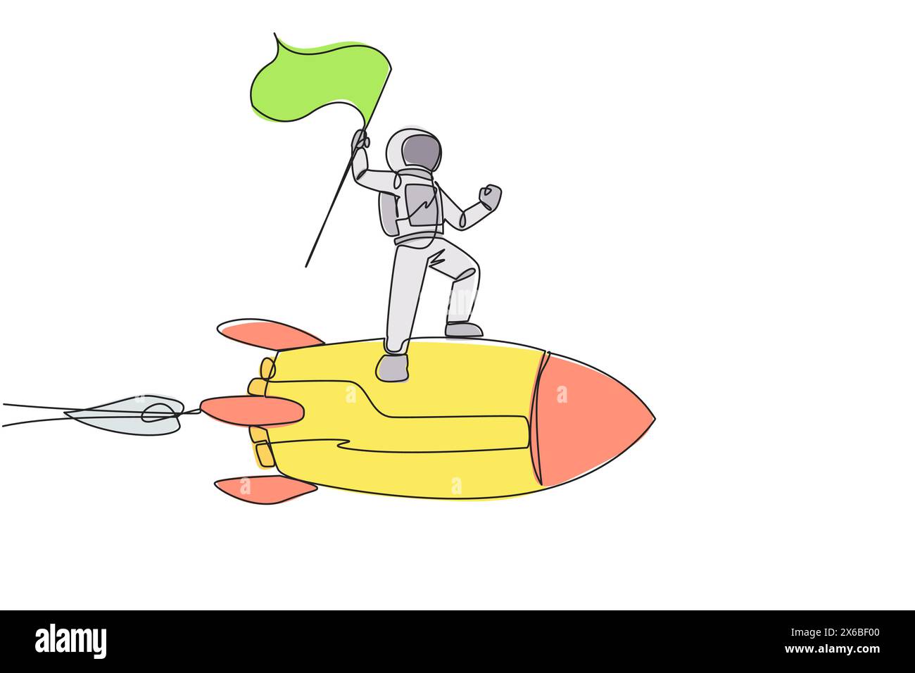 Single one line drawing young energetic astronaut standing on flying ...