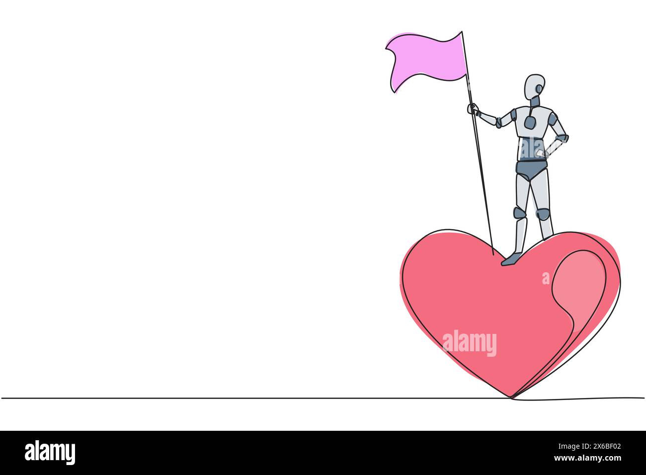 Single one line drawing of robot standing on giant symbol heart holding ...