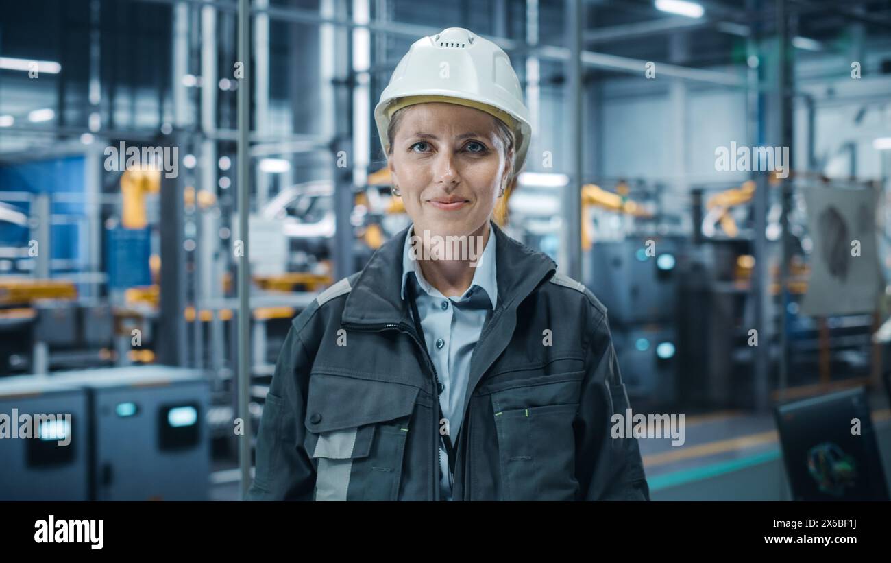 Car Factory Office: Portrait of Female Chief Engineer Wearing Hard Hat ...