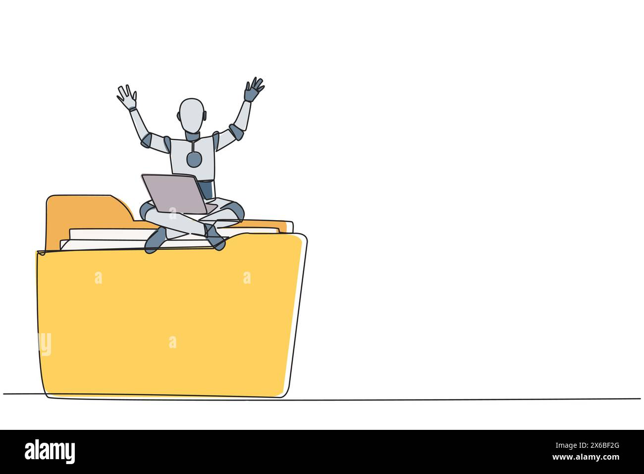 Single one line drawing robotic artificial intelligence sitting on giant folder holding laptop ...