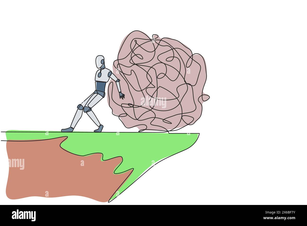 Single continuous line drawing robot pushes a tangled circle giant down ...