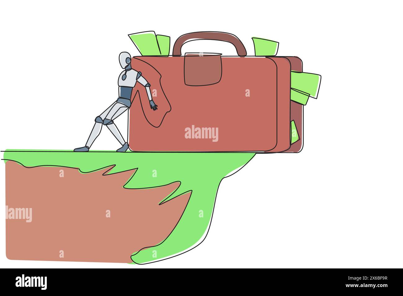 Single continuous line drawing robot pushes giant briefcase down with ...
