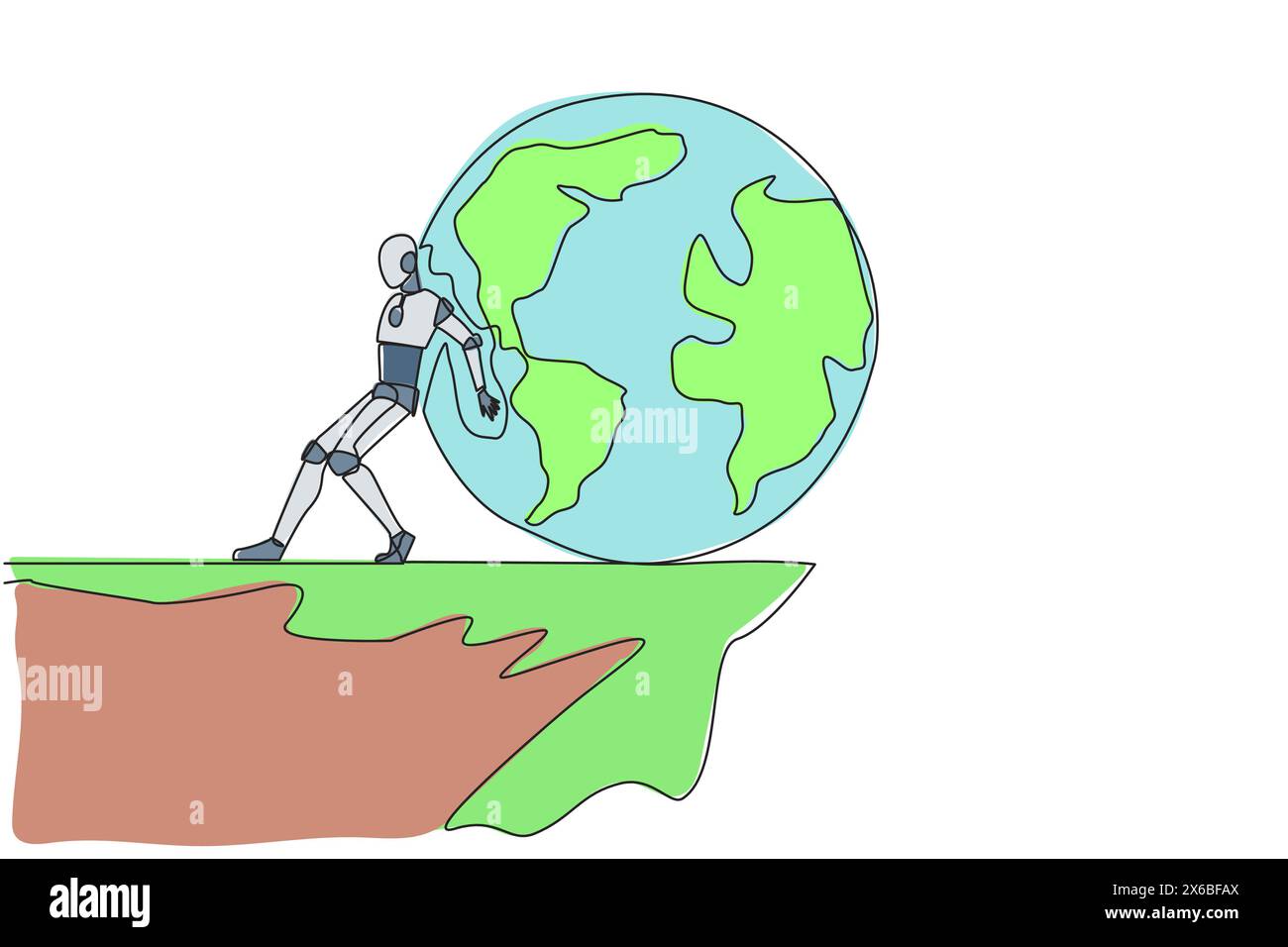 Single continuous line drawing robot pushes a large globe down on its ...