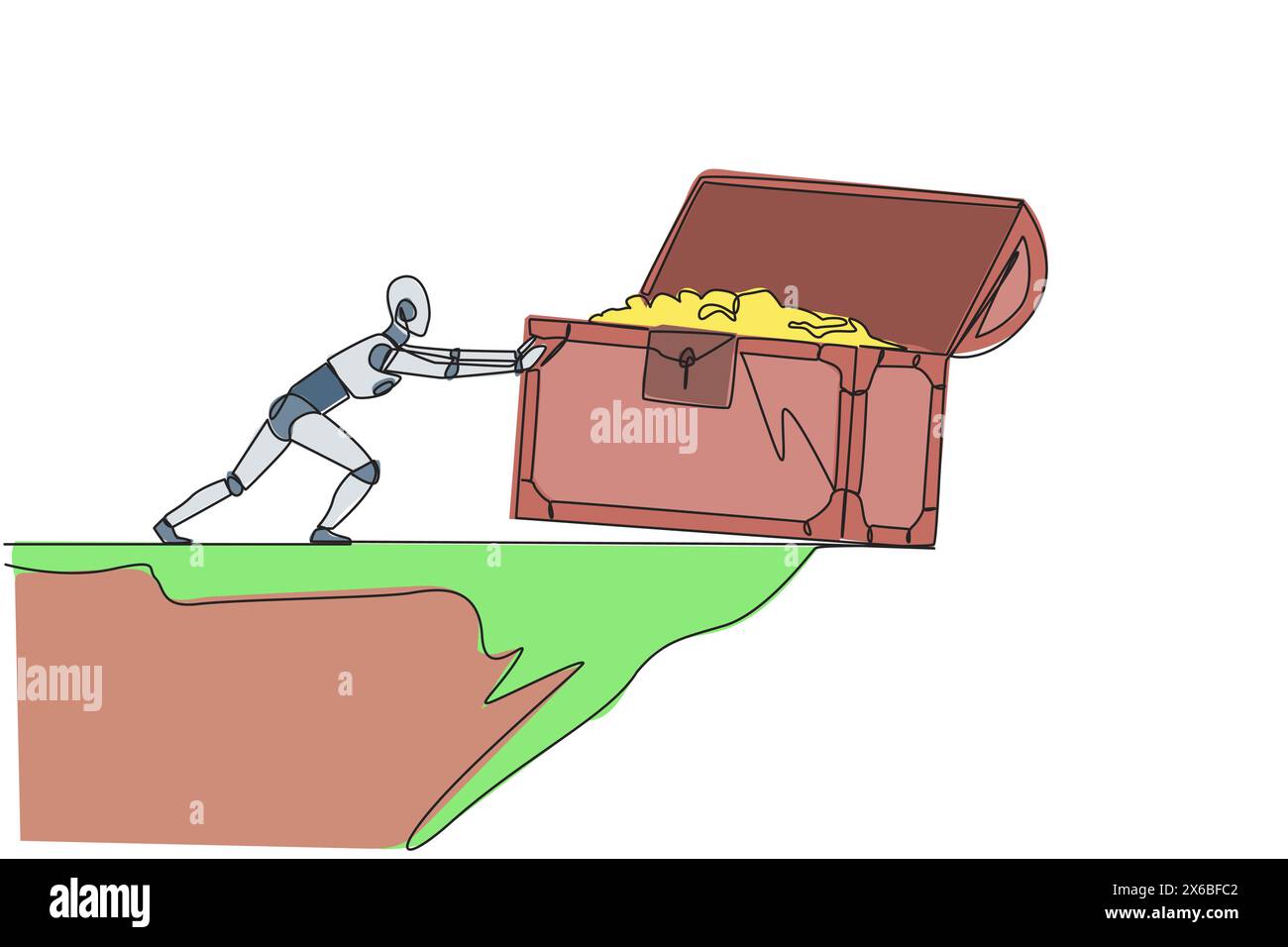 Continuous one line drawing robot pushes open giant treasure chest down ...