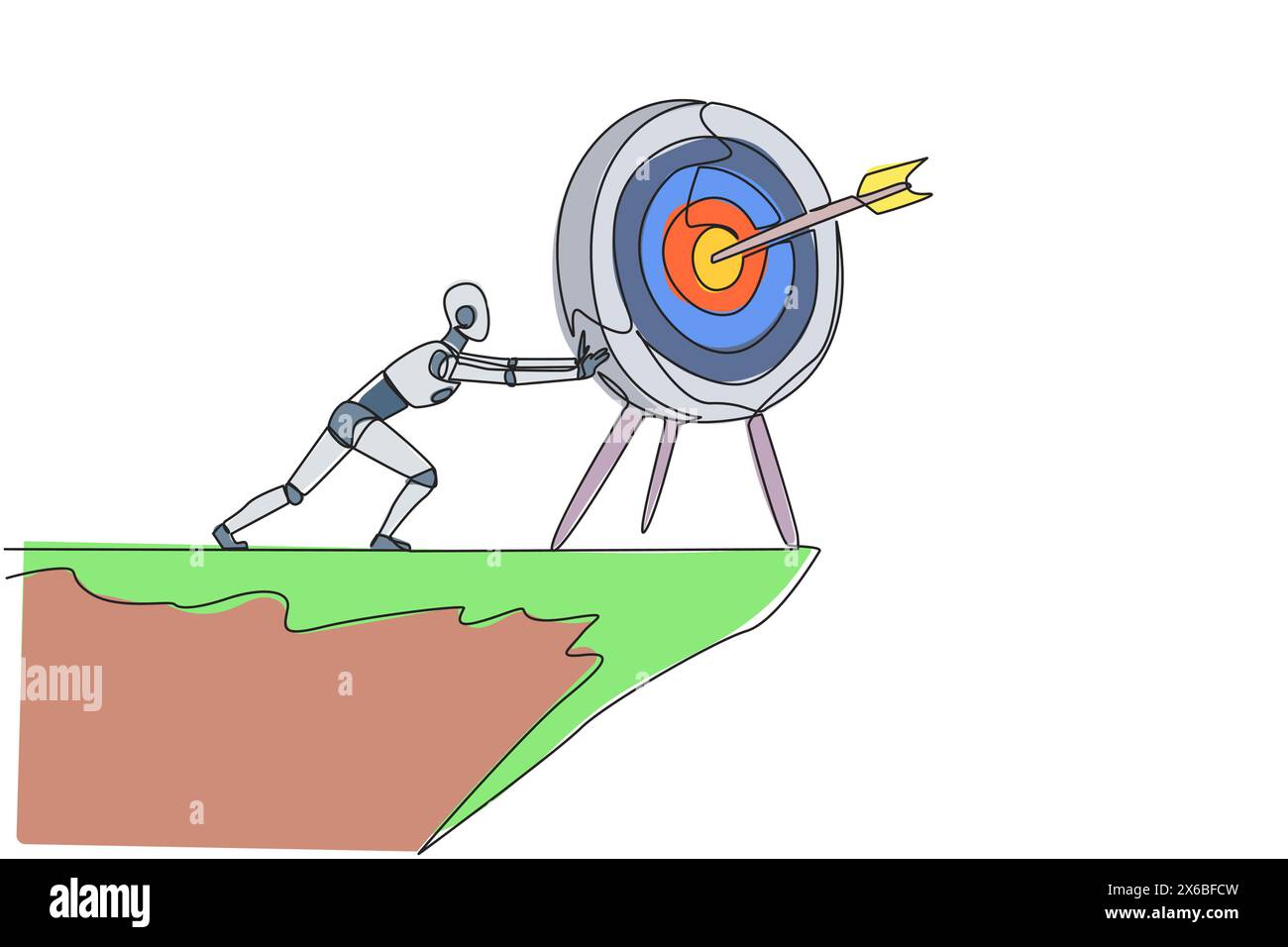 Single one line drawing robot pushes the large arrow board target from ...