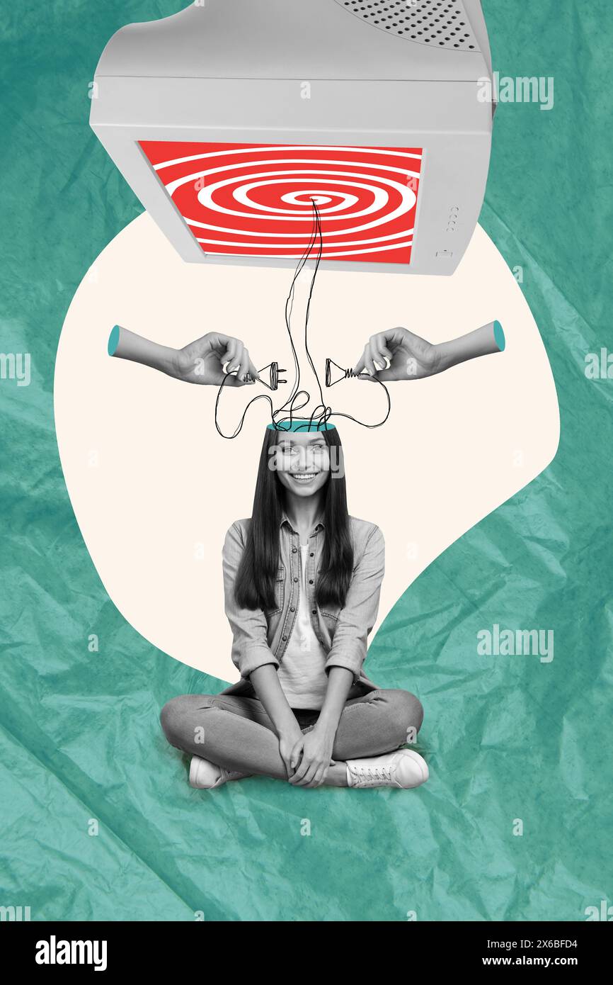 Creative trend collage of young female manipulation television fake ...